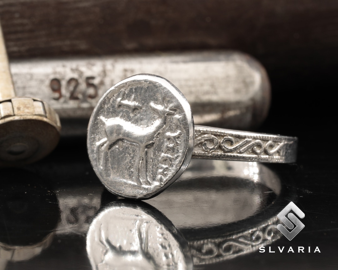 925 Silver Ancient Greek Signet Deer Silver Coin Ring Handmade Anti ...