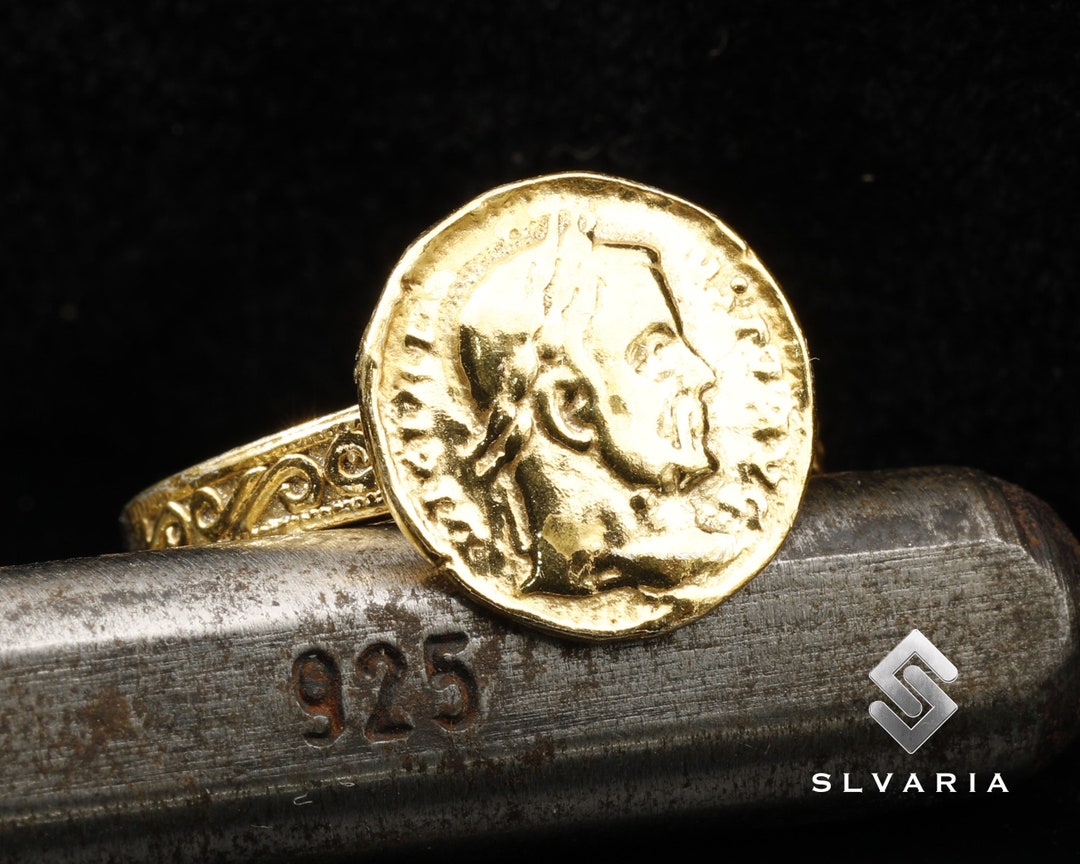 Ancient Roman Coin Ceaser 24K Gold Vermeil 925 Silver Signet Ring ...