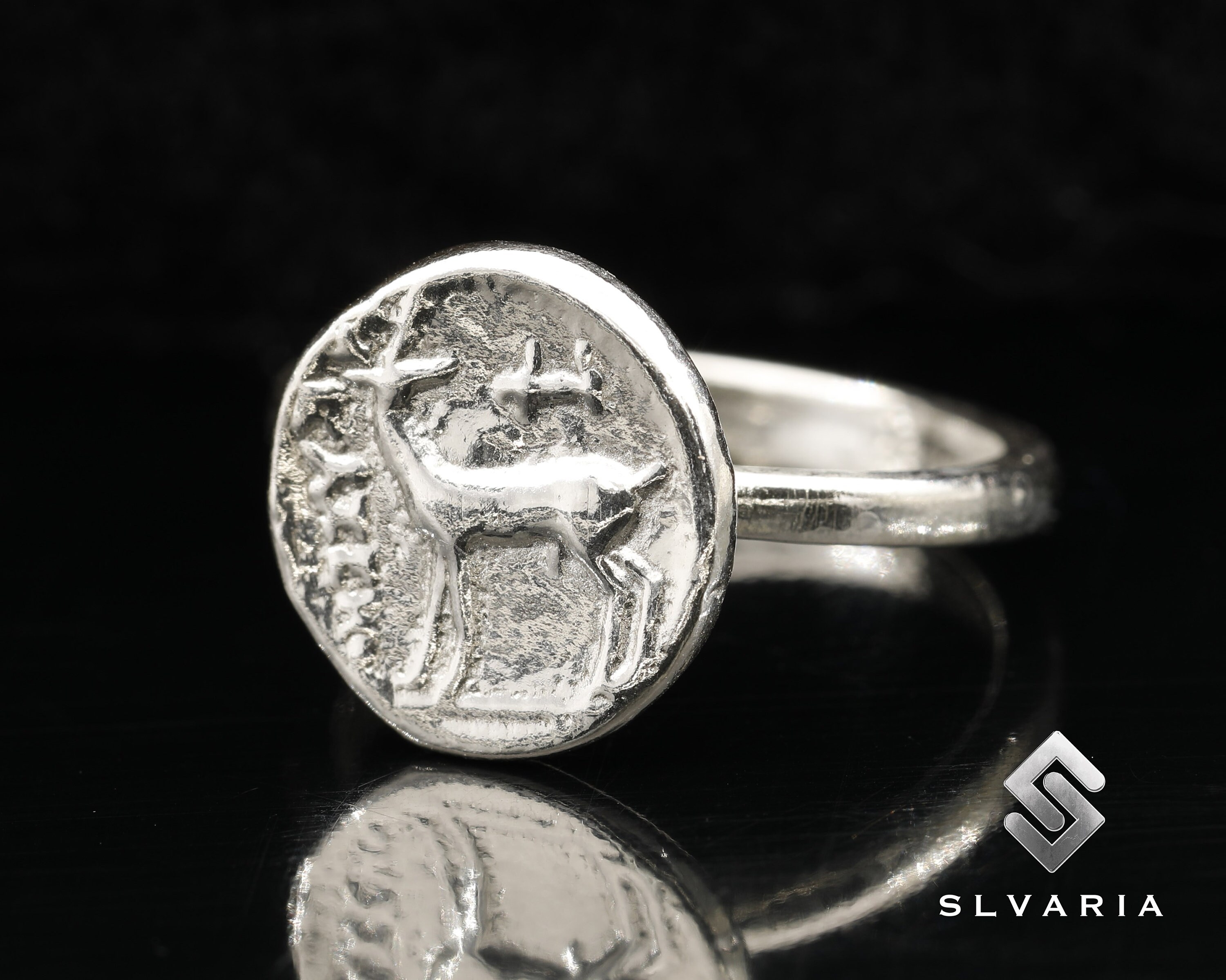 Ancient Greek Signet Deer Silver Coin 925 Silver Ring Minimalist Roman ...