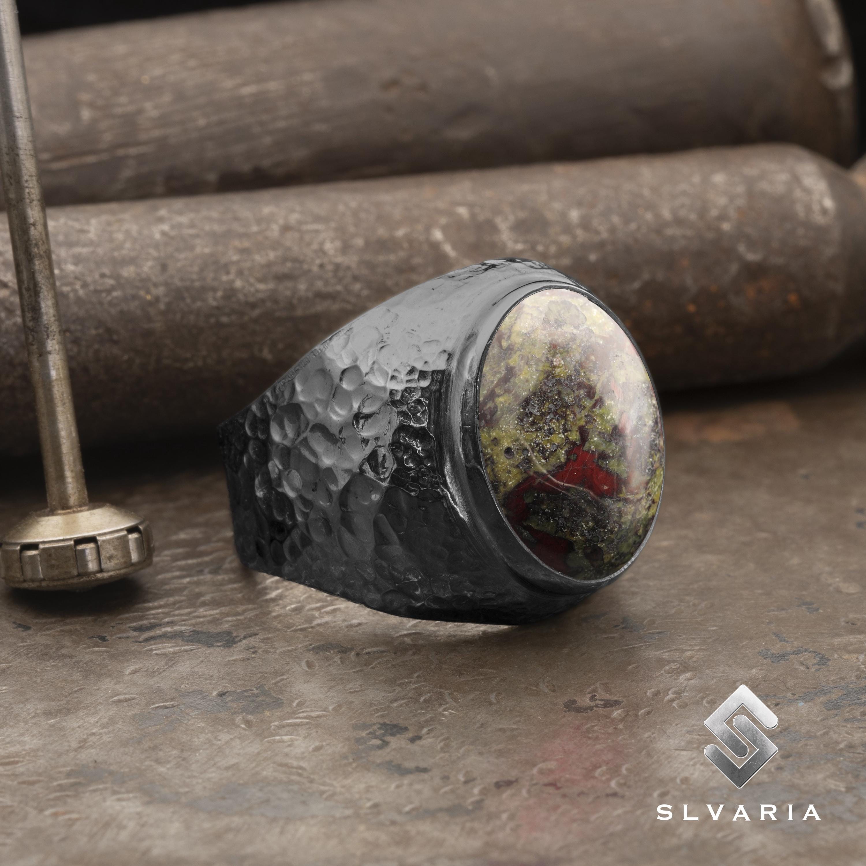 Hammered Men's Natural Bloodstone Gemstone Ring, Black Oxidized 925K ...