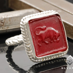 Glass Intaglio Bull Coin Signet Rope Twist 925 Silver Ring Handmade ...