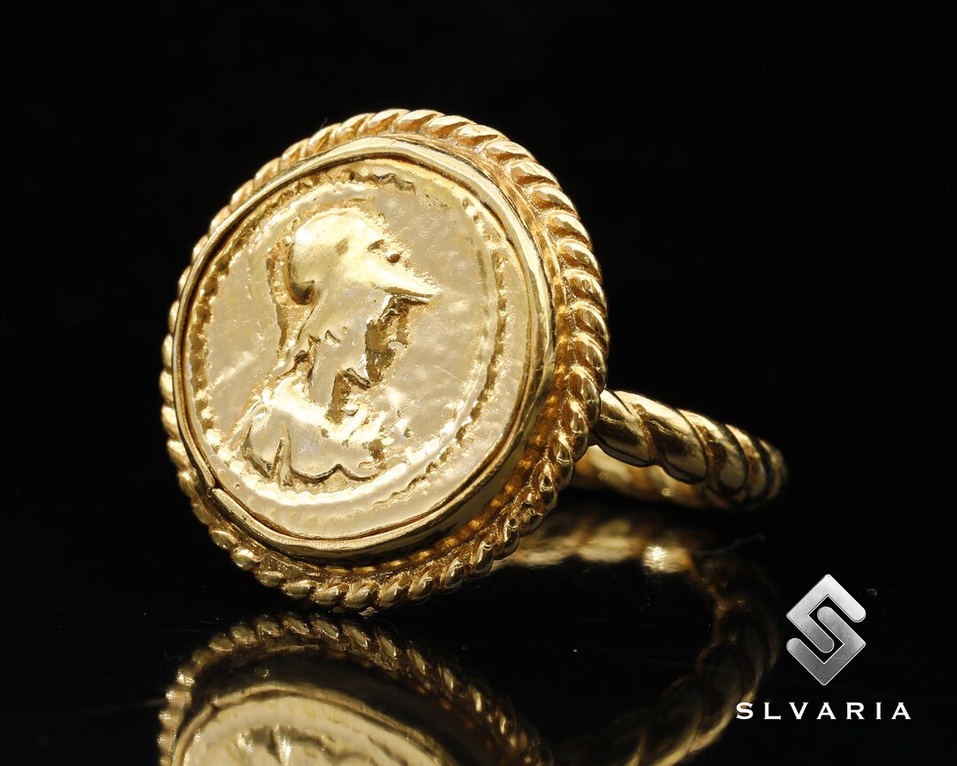 24K Gold Plated Athena Coin Signet Ring 925 Silver Ancient Roman ...
