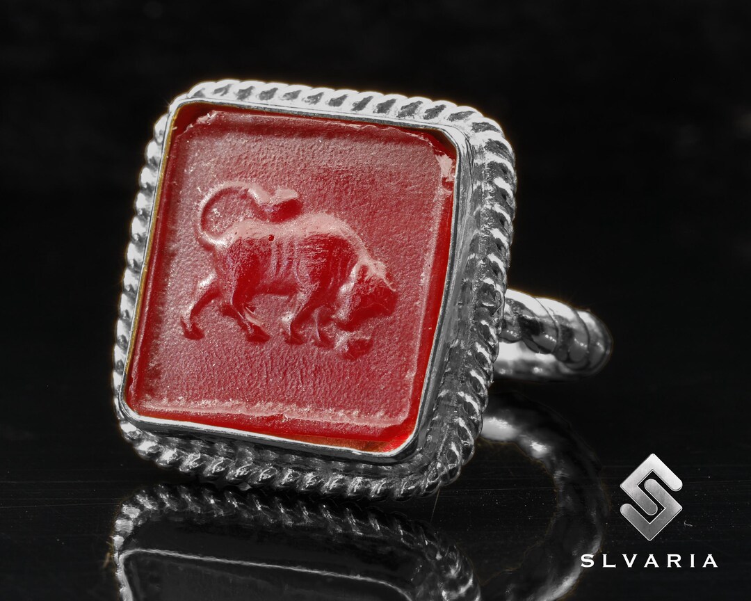 Bull Men's Ring, Red Glass Intaglio Ring, Signet Coin Ring, Black ...
