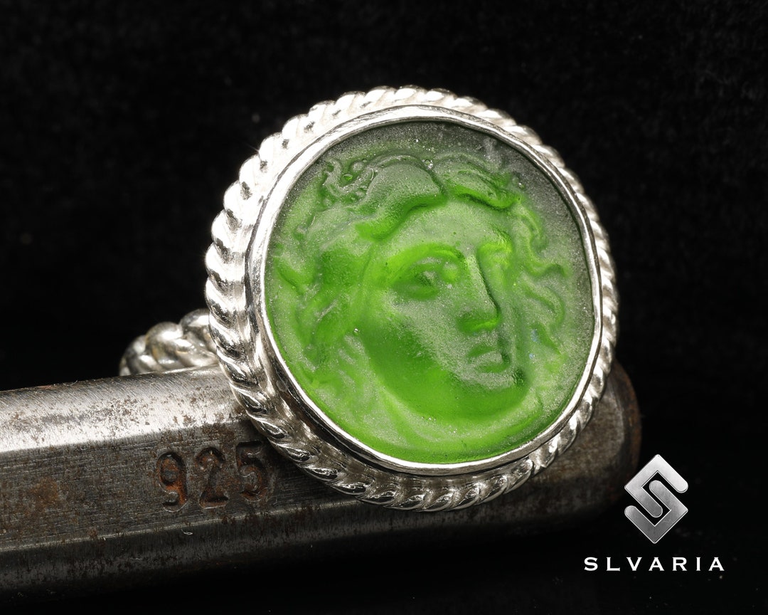 925 Silver Ancient Glass Intaglio Medusa Greek Coin Signet Ring Turkish ...