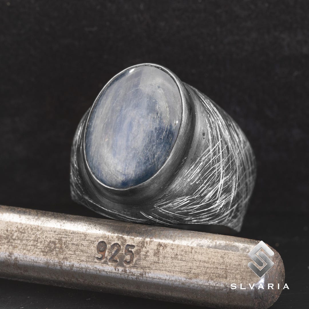 Striped Men's Natural Kyanite Gemstone Ring, Black Oxidized 925K Silver ...