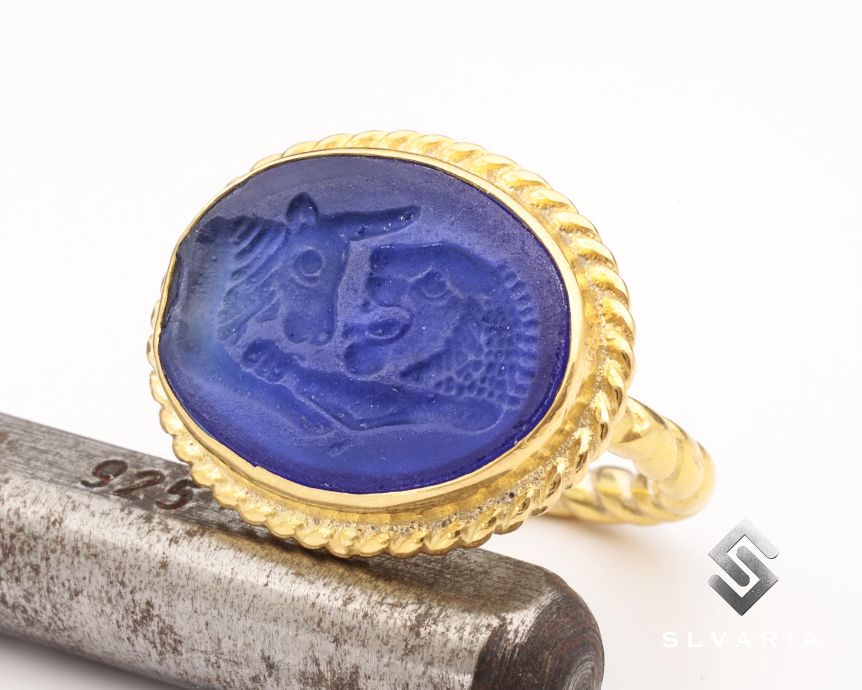 Lydia Lion and Bull Ring, Blue Intaglio Glass Ring, Historical Ring ...