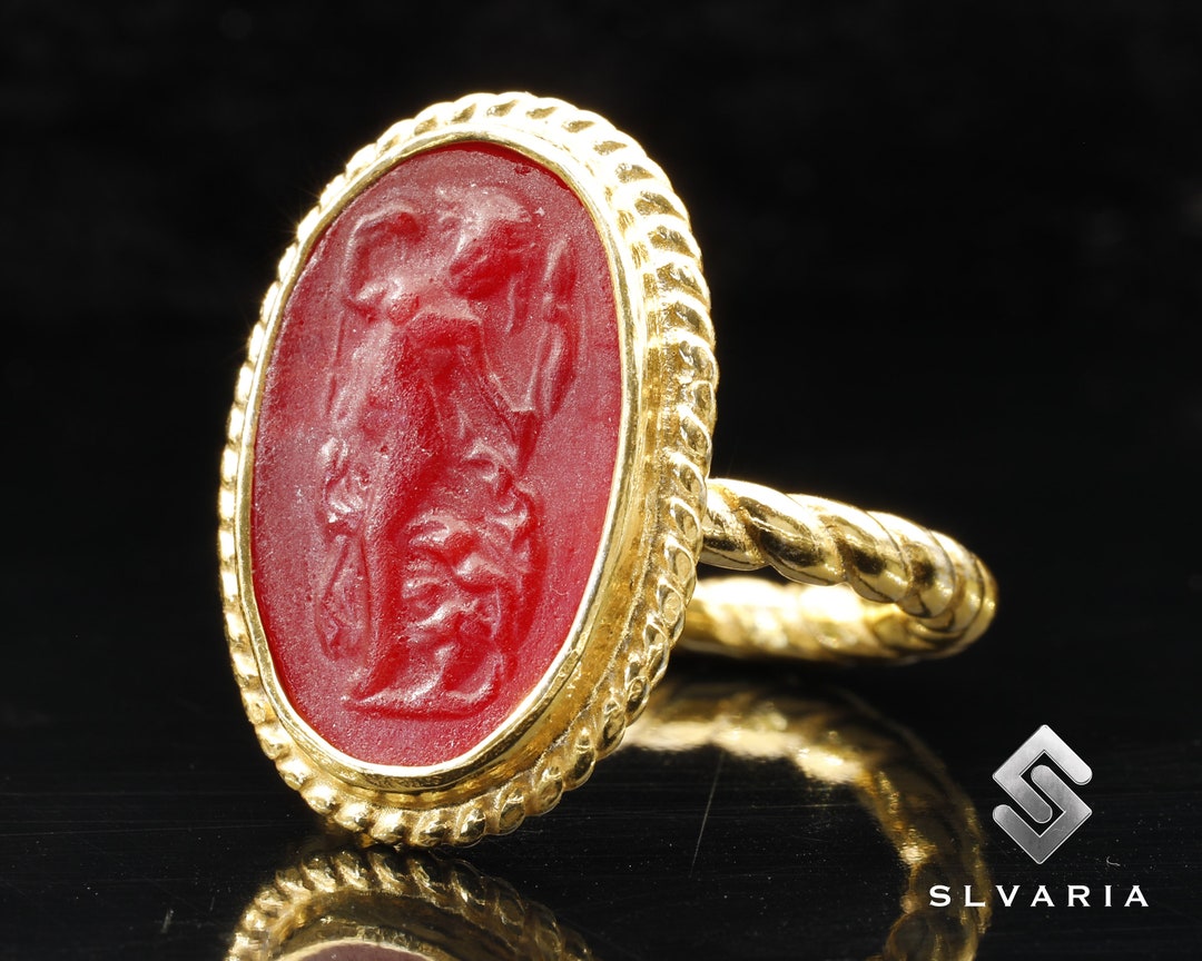 Ancient Aphrodite Greek Coin Glass Intaglio 24K Gold Plated 925 Silver ...