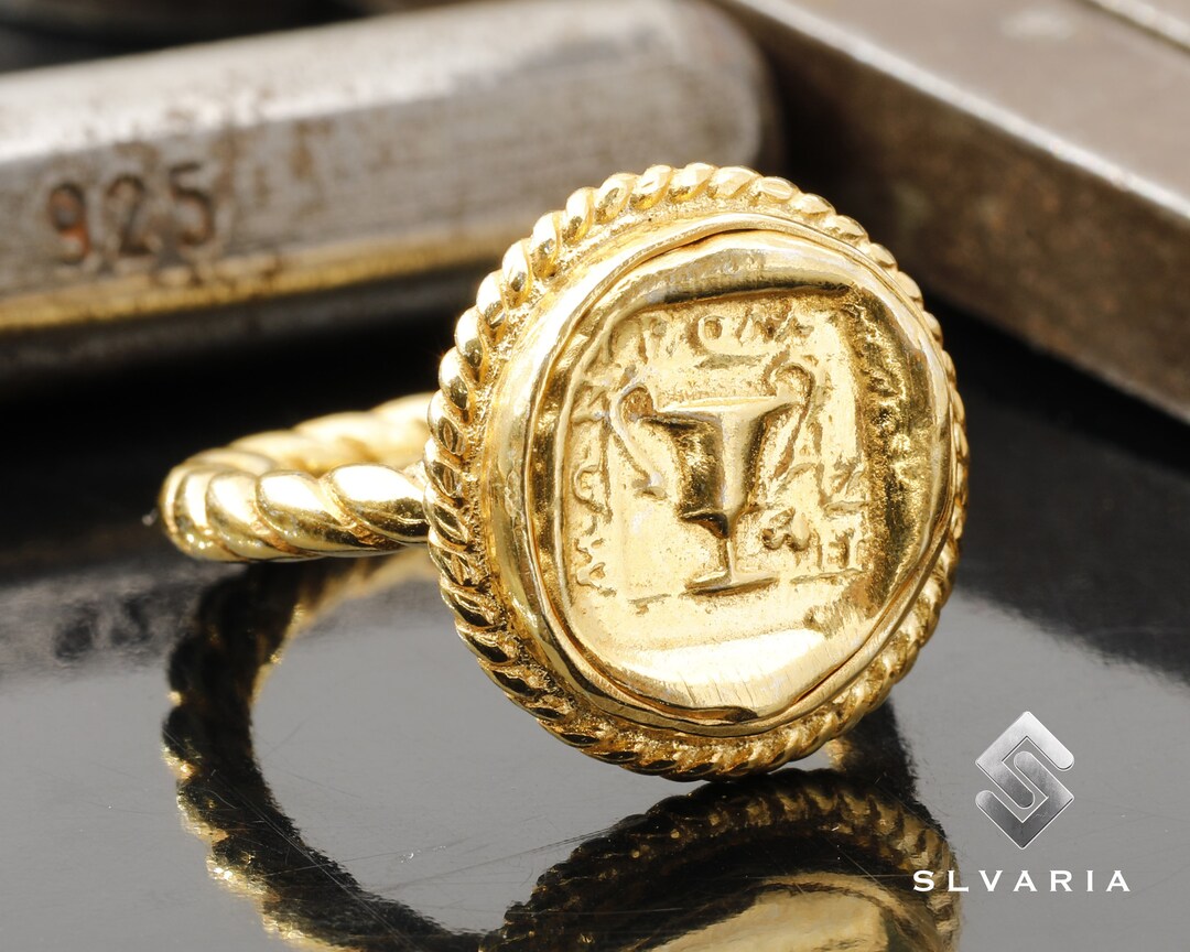 Ancient Greek Signet Trophy 24K Gold Plated 925 Silver Coin Ring ...