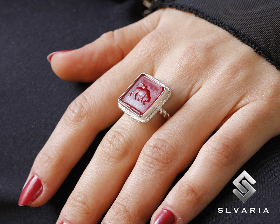 Glass Intaglio Bull Coin Signet Rope Twist 925 Silver Ring Handmade ...