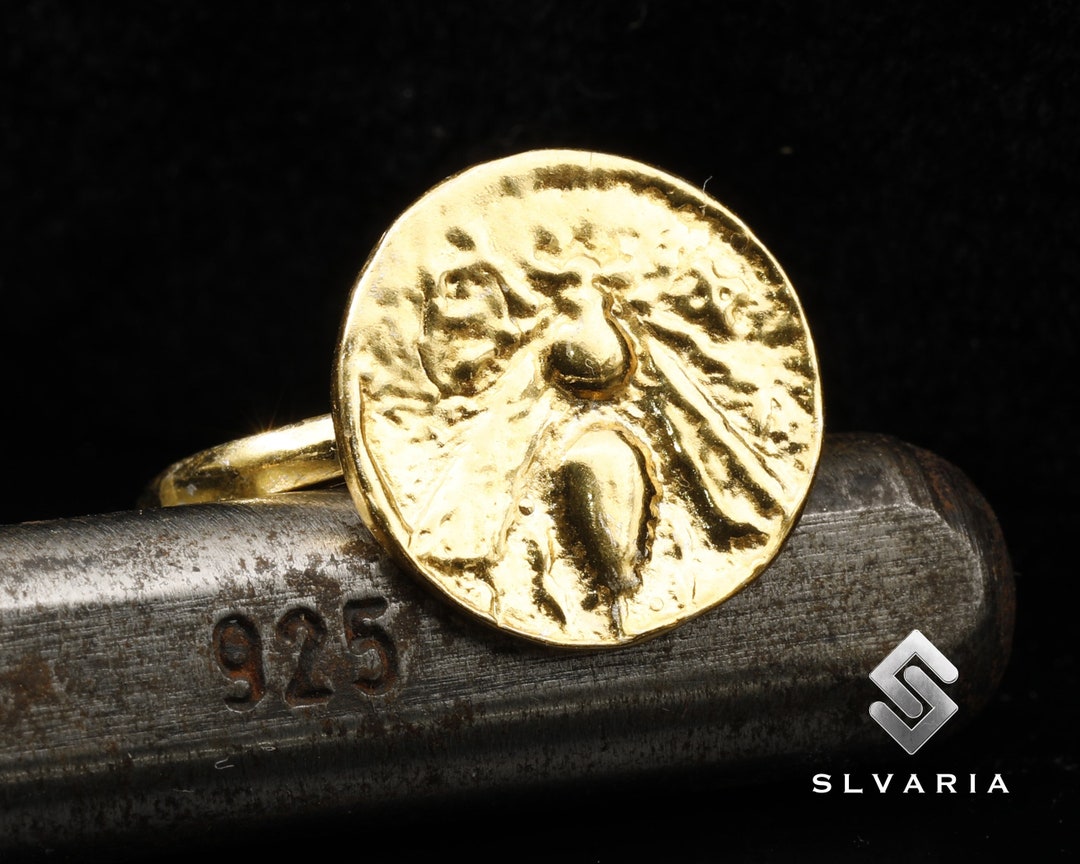 24K Gold Plated Ancient Coin Greek Wasp Bee Signet 925 Silver Ring ...