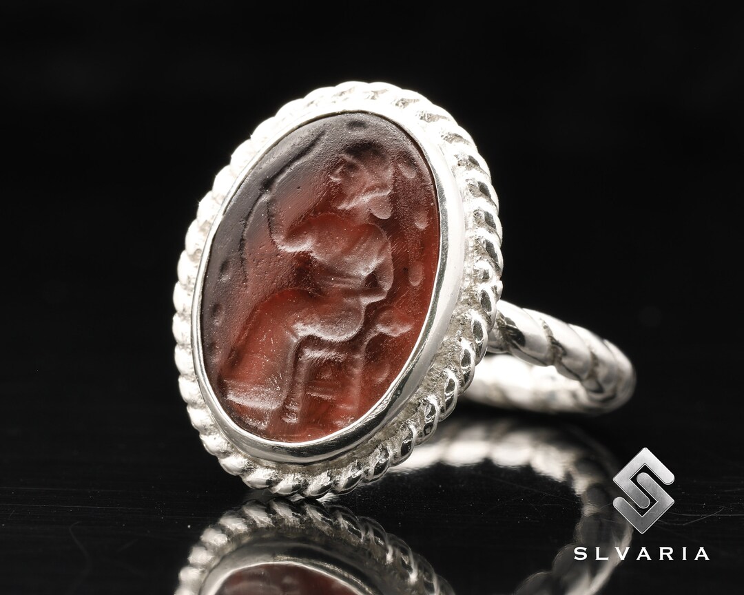 925 Silver Ancient Greek Coin Glass Intaglio Apollo Signet Rope Twist Ring Handmade Turkish Fine ...
