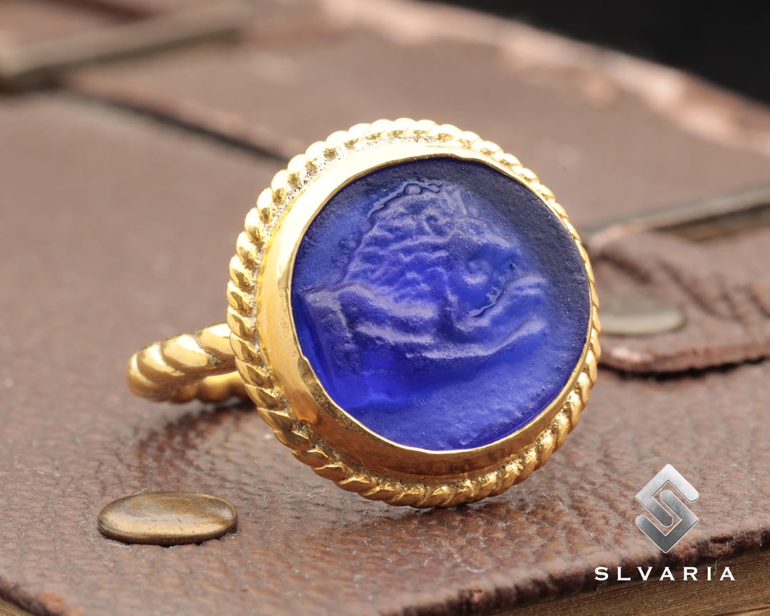 Lion Zodiac Ring 24K Gold Vermeil Ring, 925 Silver Ring, Blue Glass ...