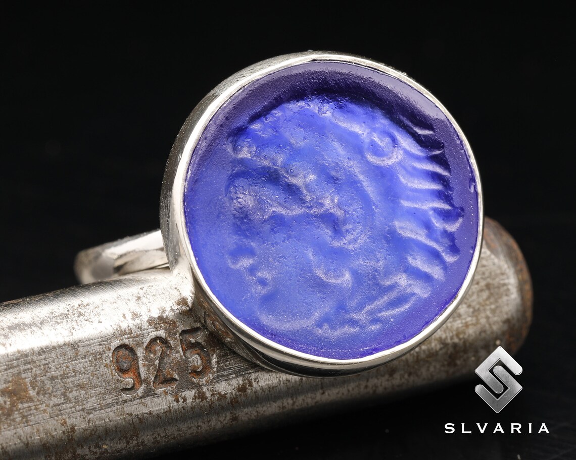 Alexander the Great Ring 925 Silver Glass Intaglio Greek Coin Signet ...