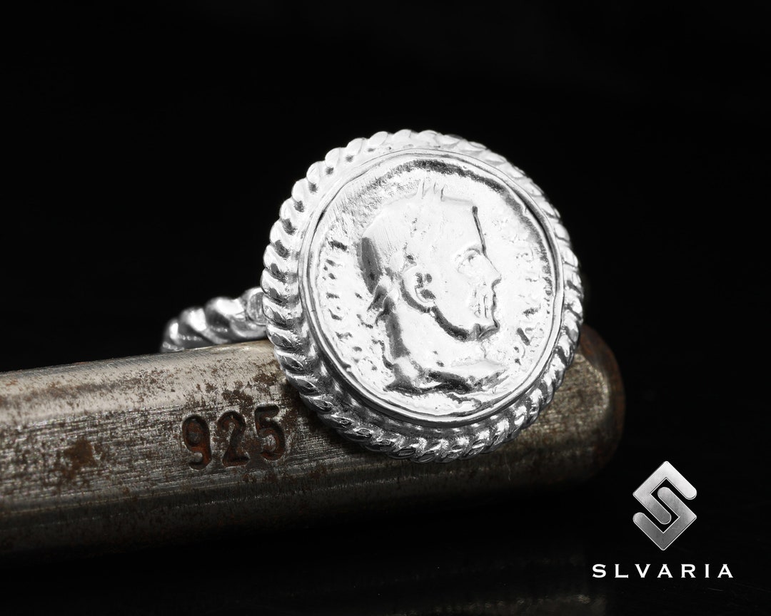 Ceaser Ancient Roman Silver Coin Twist Rope Signet 925 Silver Ring ...