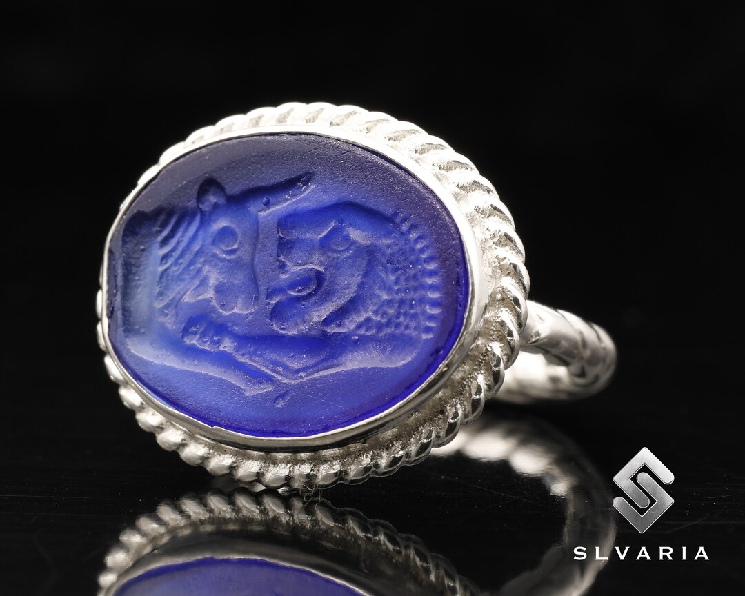 Lydia Lion and Bull Greek Coin 925 Silver Signet Ring Ancient Glass ...