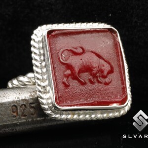 Glass Intaglio Bull Coin Signet Rope Twist 925 Silver Ring Handmade ...