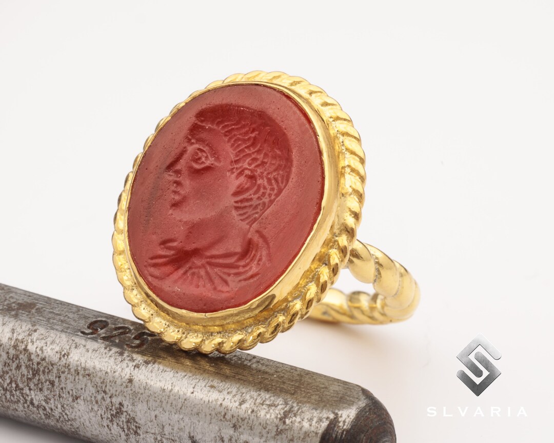 Young Ceaser Roman Signet Intaglio Ring, 24K Gold Plated 925 Sterling ...