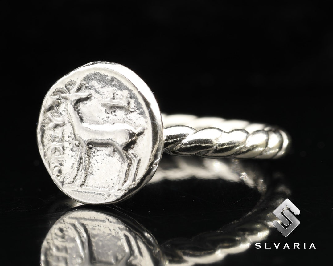 925 Silver Ancient Greek Signet Deer Silver Coin Ring Handcrafted Anti ...