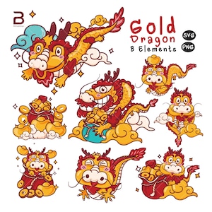 Cute Gold Dragon With Bag of Money SVG PNG Set, Chinese Gold Dragon ...