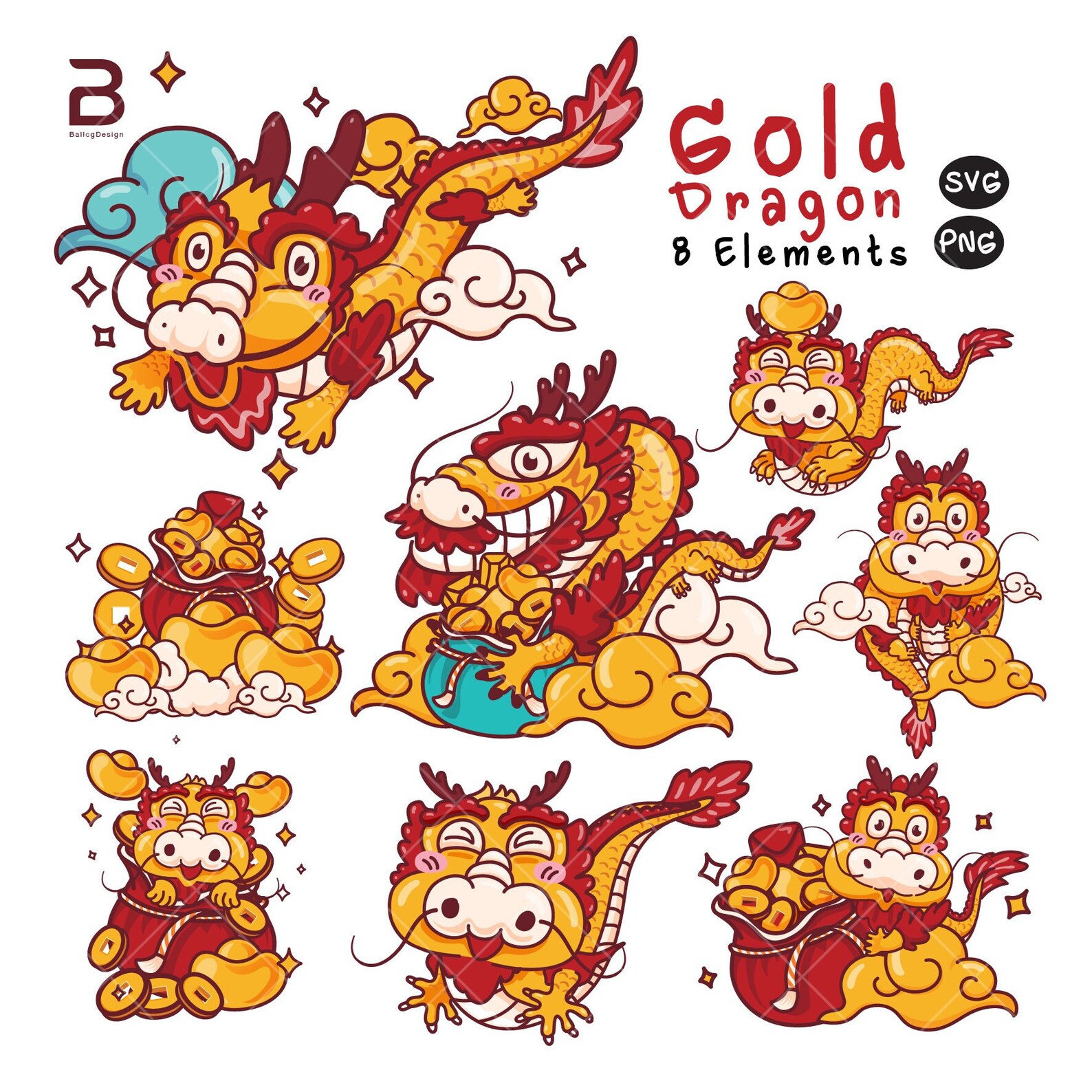 Cute Gold Dragon With Bag of Money SVG PNG Set, Chinese Gold Dragon ...