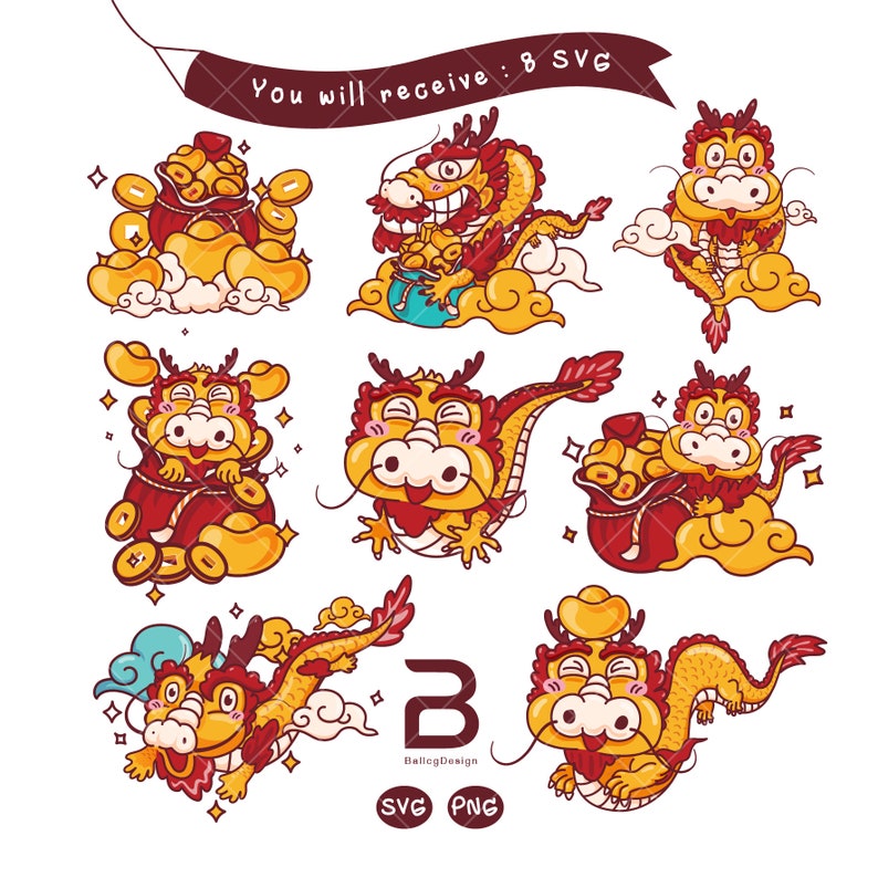 Cute Gold Dragon With Bag of Money SVG PNG Set, Chinese Gold Dragon ...
