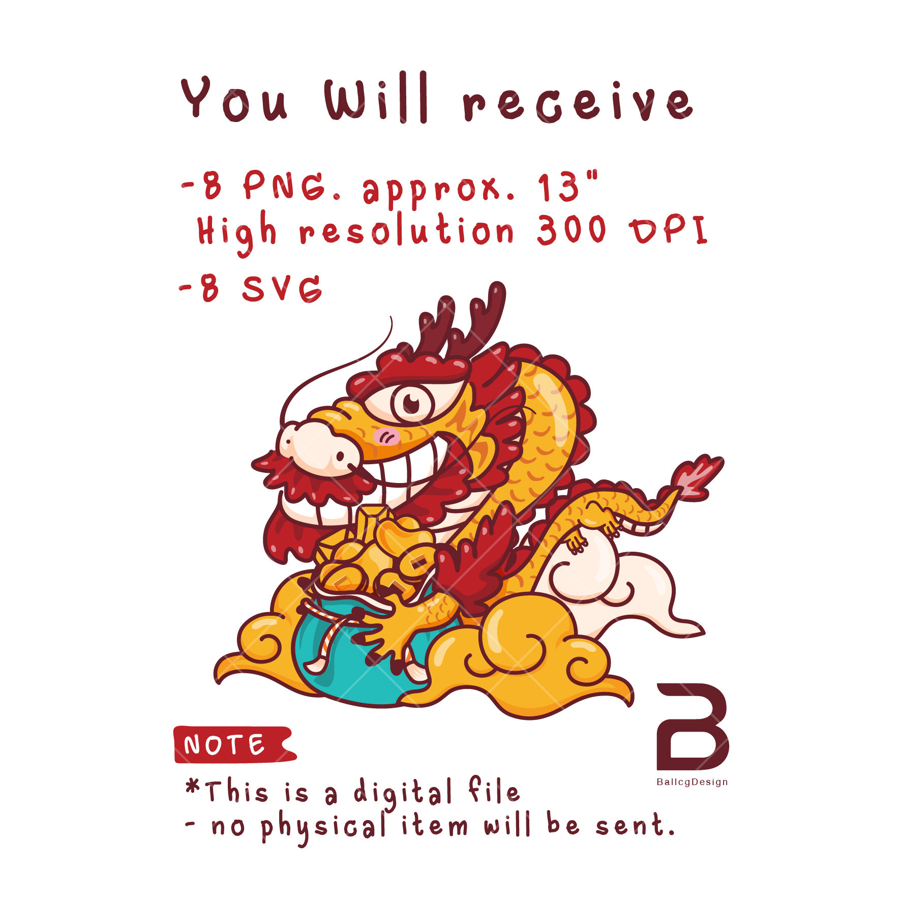 Cute Gold Dragon With Bag of Money SVG PNG Set, Chinese Gold Dragon ...