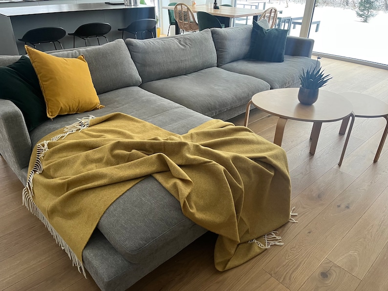 Manta de lana merino, manta de lana color mostaza, manta a cuadros ...