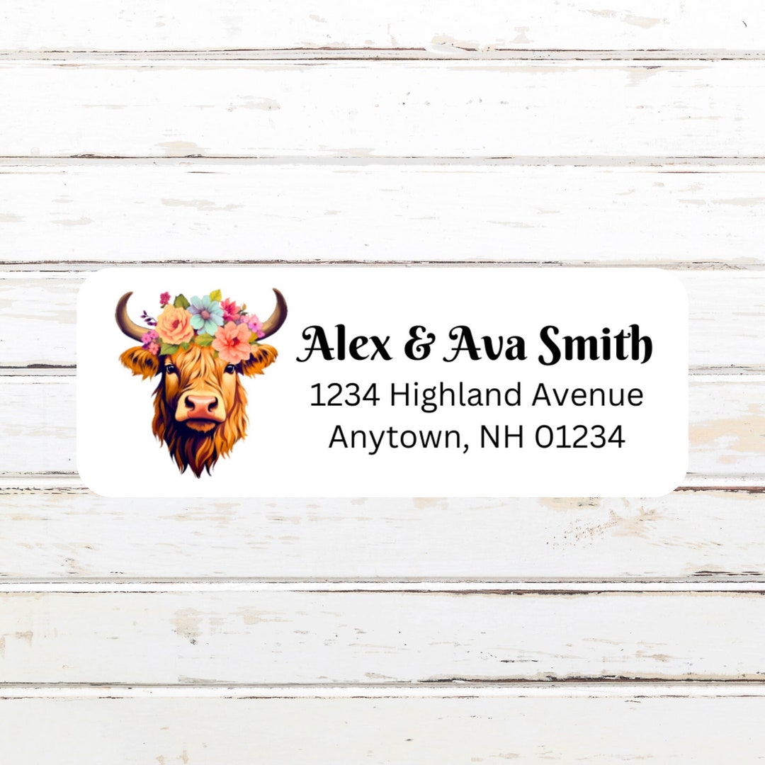 Highland Cow With Flowers Personalized Return Address Labels ...