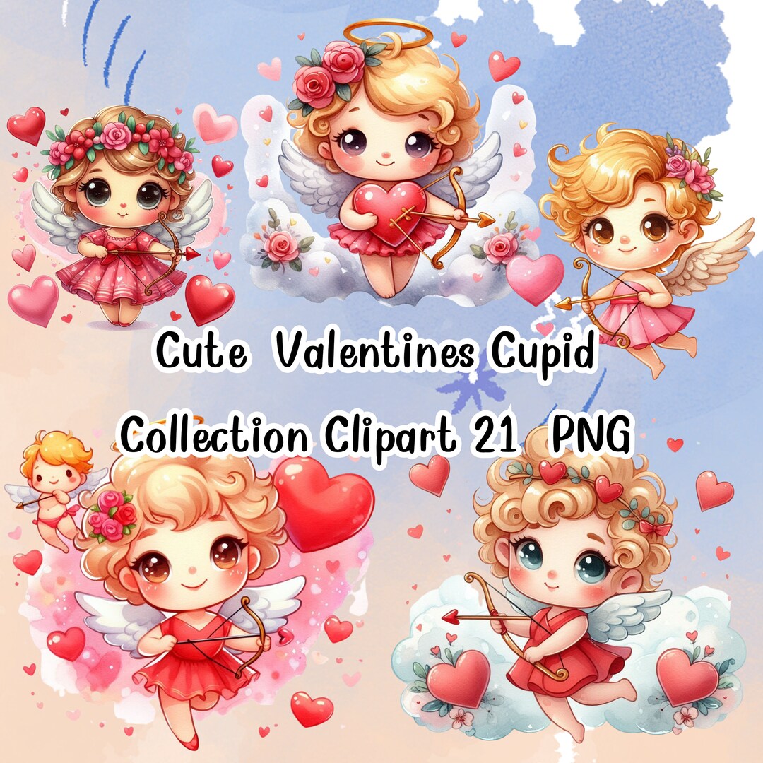 Watercolor Cute Valentines Cupid Collection Clipart, 21 PNG Valentines ...