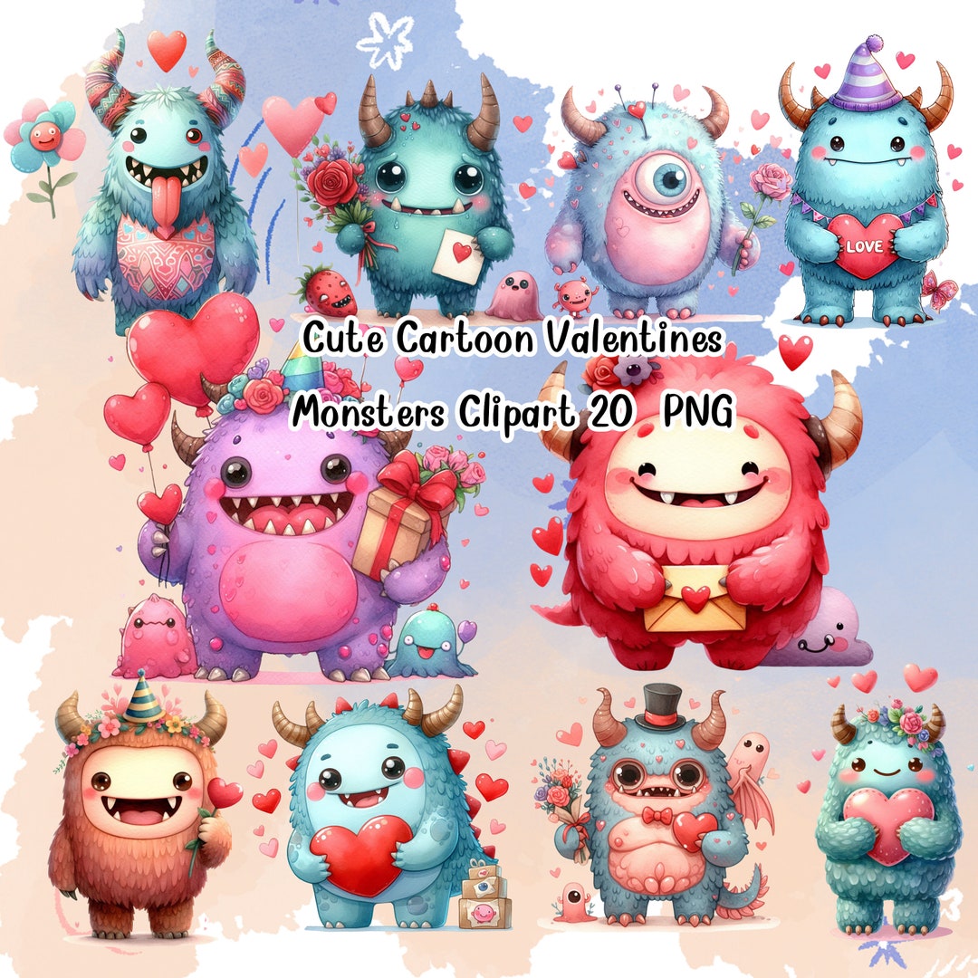 Watercolor Cute Cartoon Valentines Monsters Clipart, 20 PNG Valentines ...