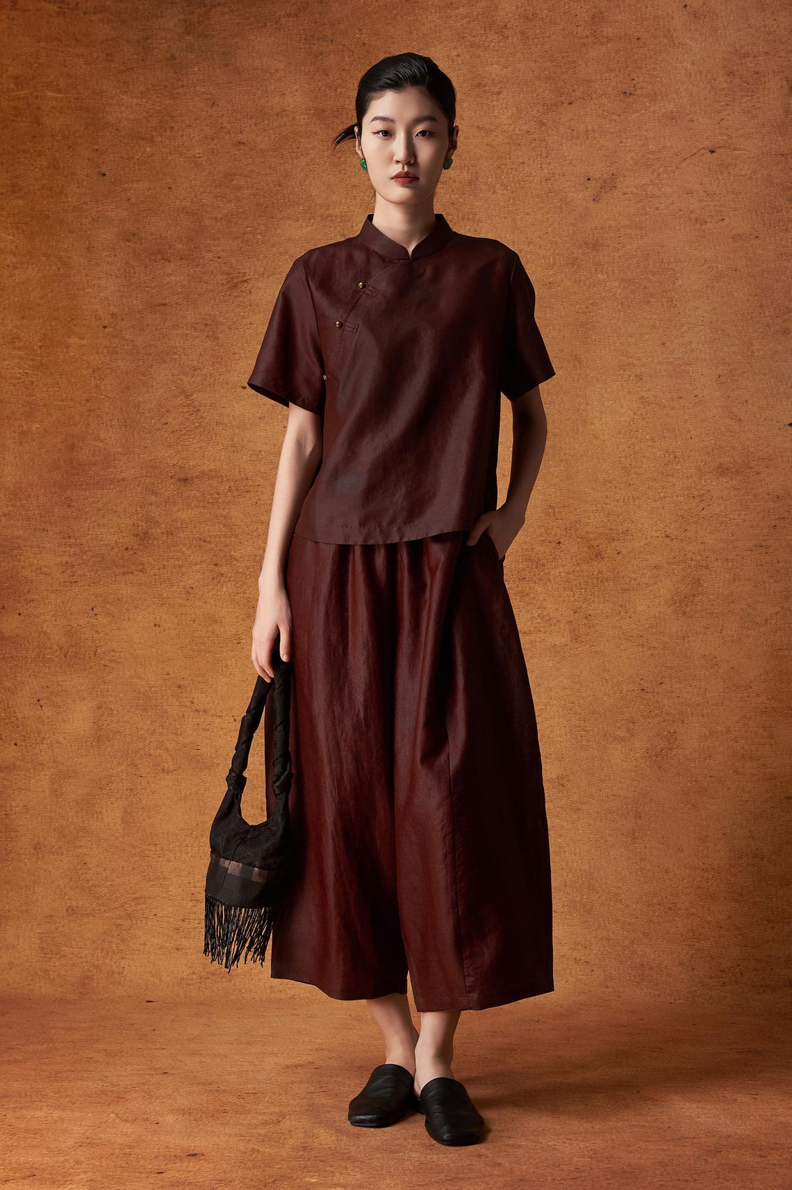Burgundy Short-sleeve Silk Top, 100% Mulberry Silk, Naturally Dyed ...