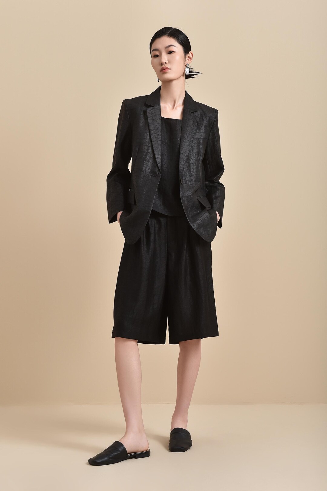 Elegant Black Mud Silk Long Blazer With Pockets & Button, 100% Mulberry ...