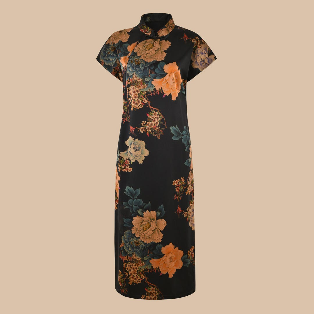Elegant Modernized Cheongsam Peony Mud Silk Dress 100% Mulberry Silk ...