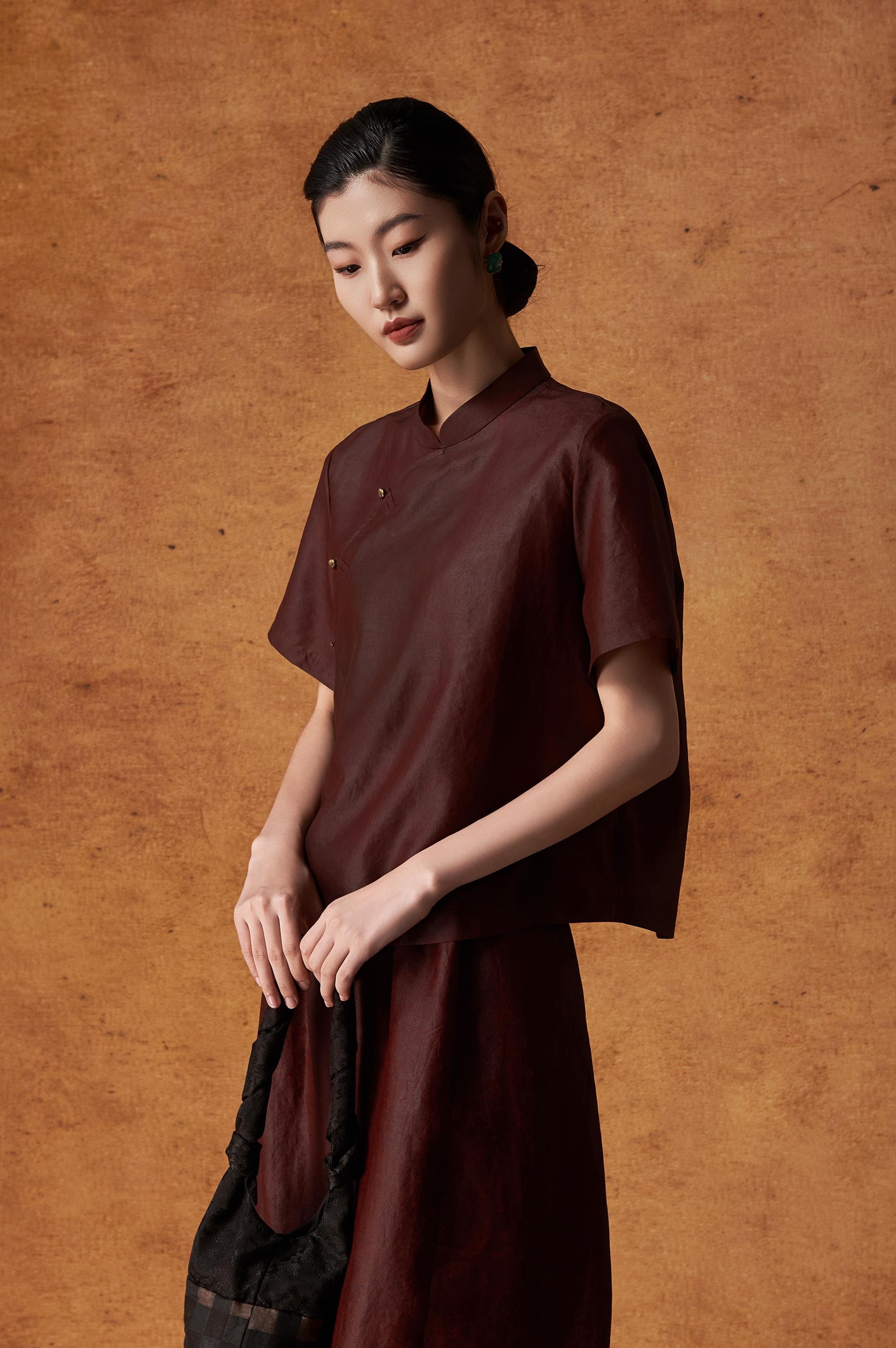 Burgundy Short-sleeve Silk Top, 100% Mulberry Silk, Naturally Dyed ...