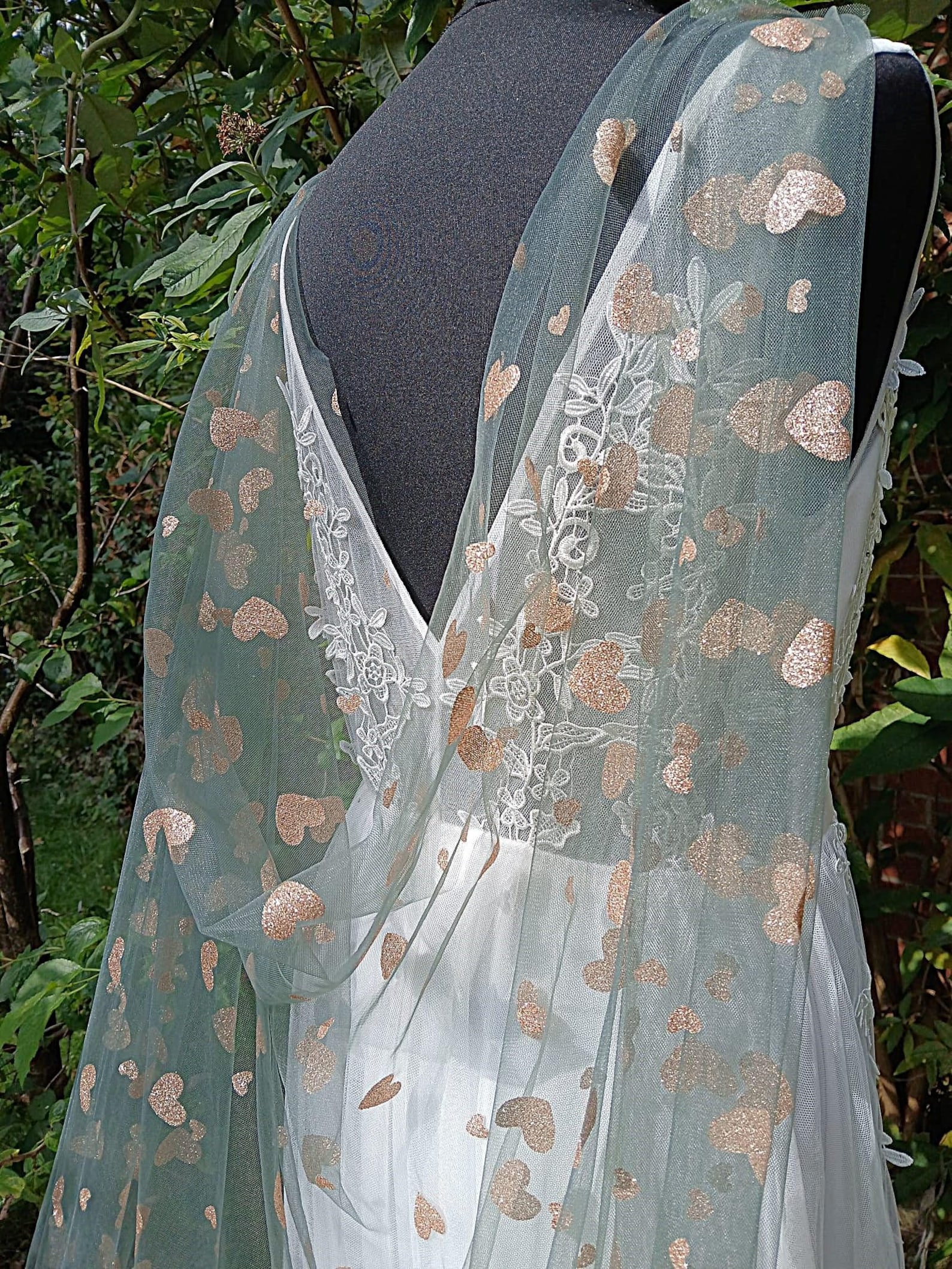 Autumn Green Bridal Cape Veil With Gold Hearts - Cathedral Design for ...