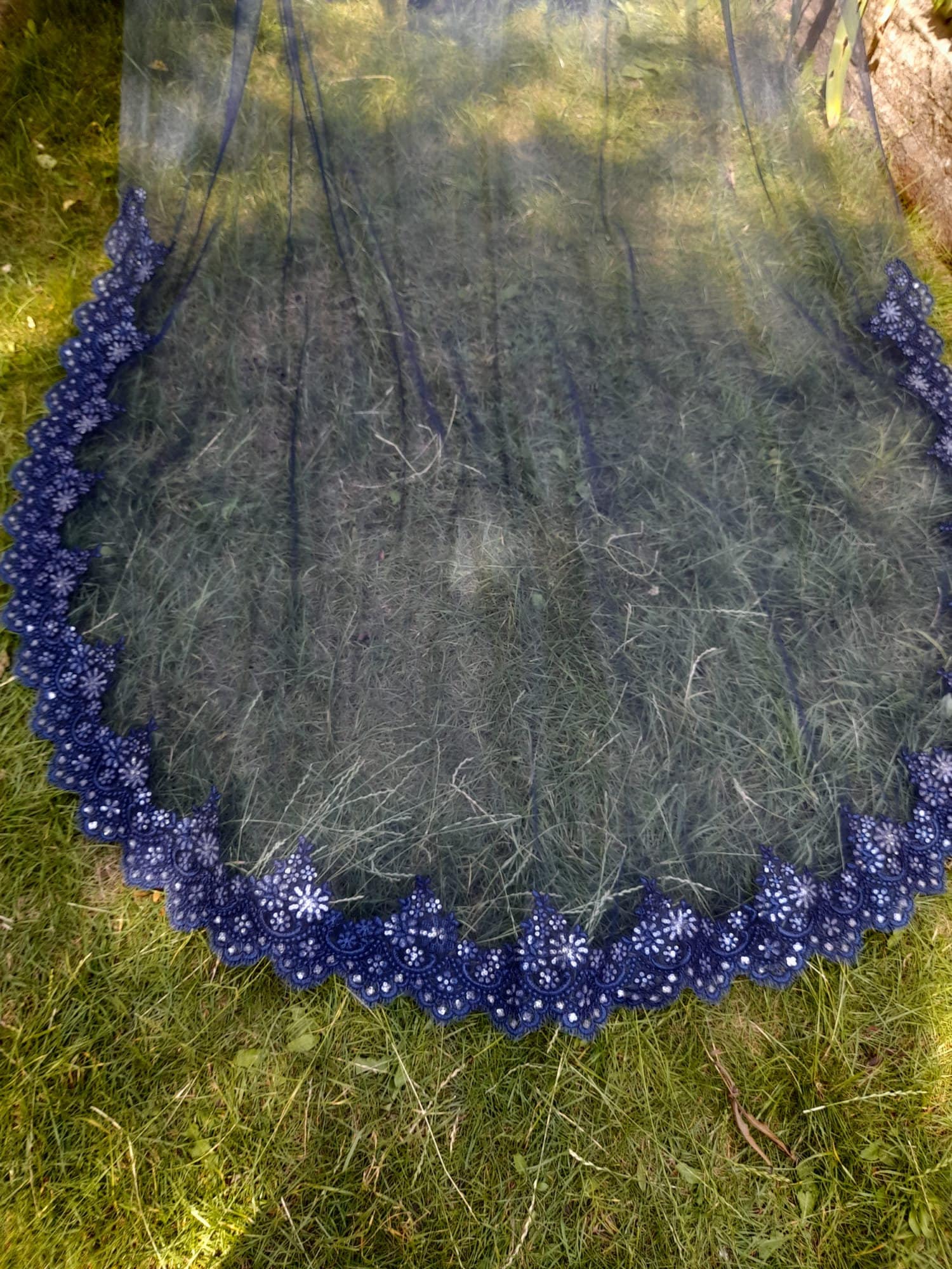 Timeless Navy Blue Cape Veil With Beautiful Lace Edge - Stunning ...