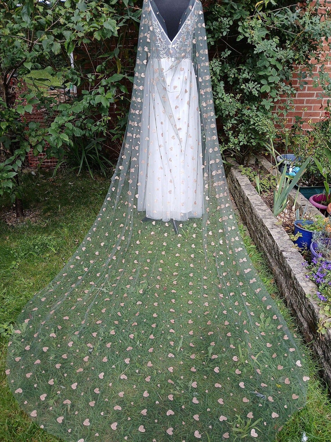 Autumn Green Bridal Cape Veil With Gold Hearts - Cathedral Design for ...