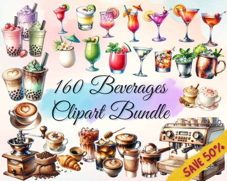 160 Watercolor Beverages Clipart Bundle - Coffee, Cocktails, Smoothies ...