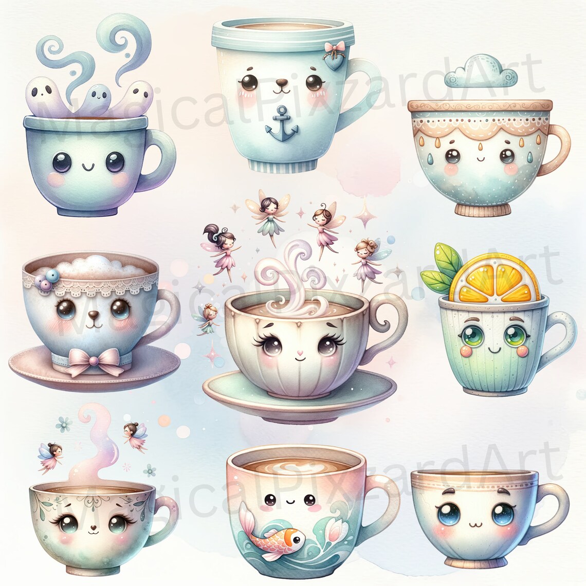 42 Watercolor Kawaii Coffee Cup Clipart Bundle, Pastel Cute Coffee Cup ...