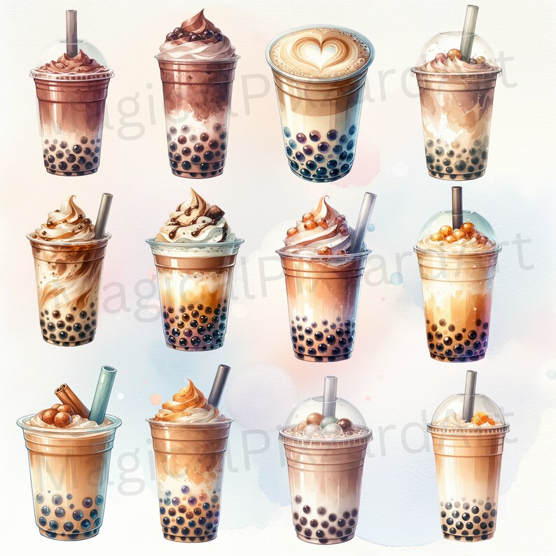 40 Watercolor Bubble Tea Clipart Set, Boba Tea Clipart, Transparent ...