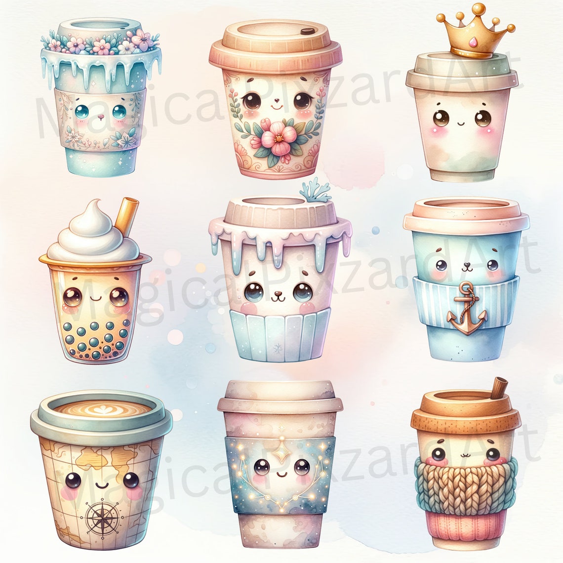 42 Watercolor Kawaii Coffee Cup Clipart Bundle, Pastel Cute Coffee Cup ...