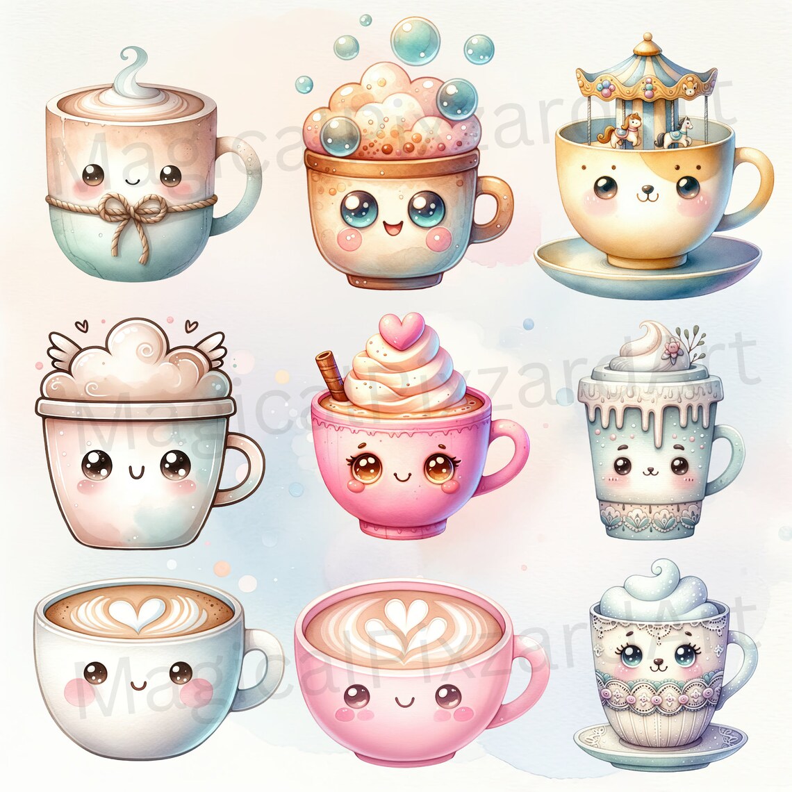 42 Watercolor Kawaii Coffee Cup Clipart Bundle, Pastel Cute Coffee Cup ...
