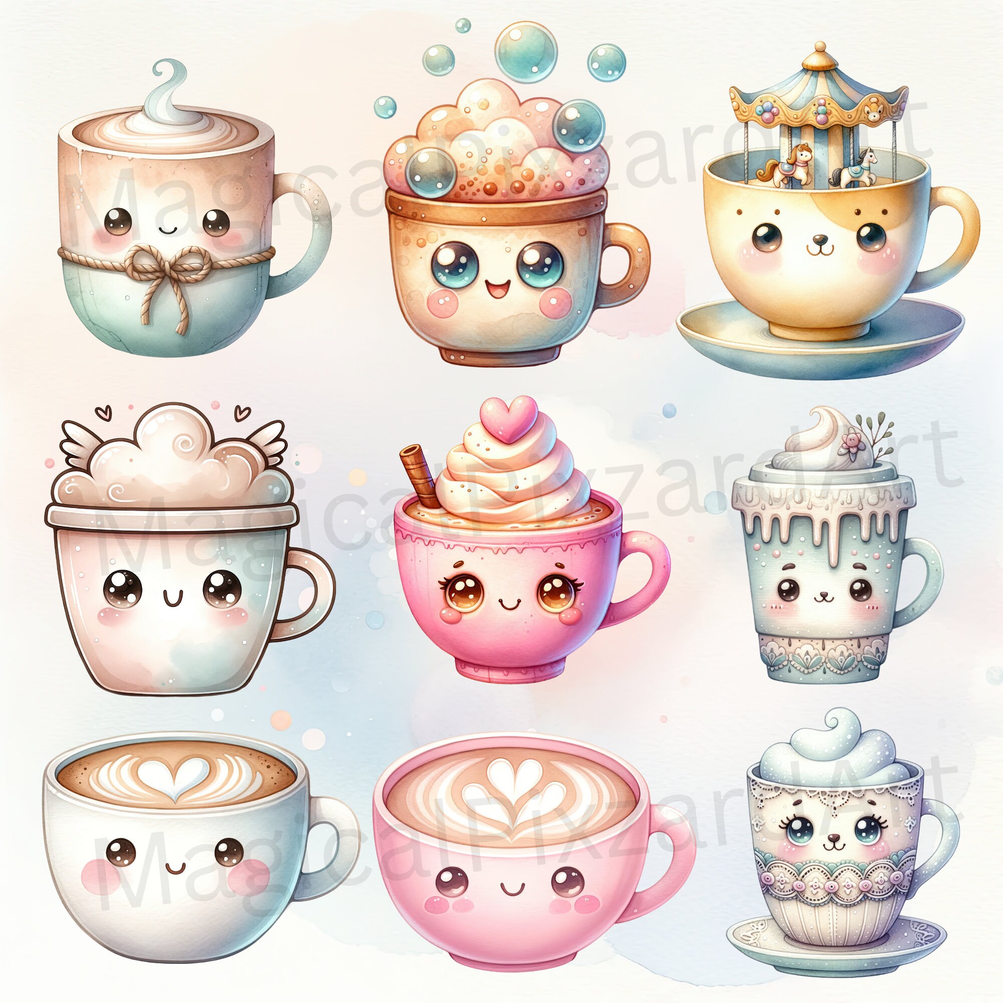 42 Watercolor Kawaii Coffee Cup Clipart Bundle, Pastel Cute Coffee Cup ...