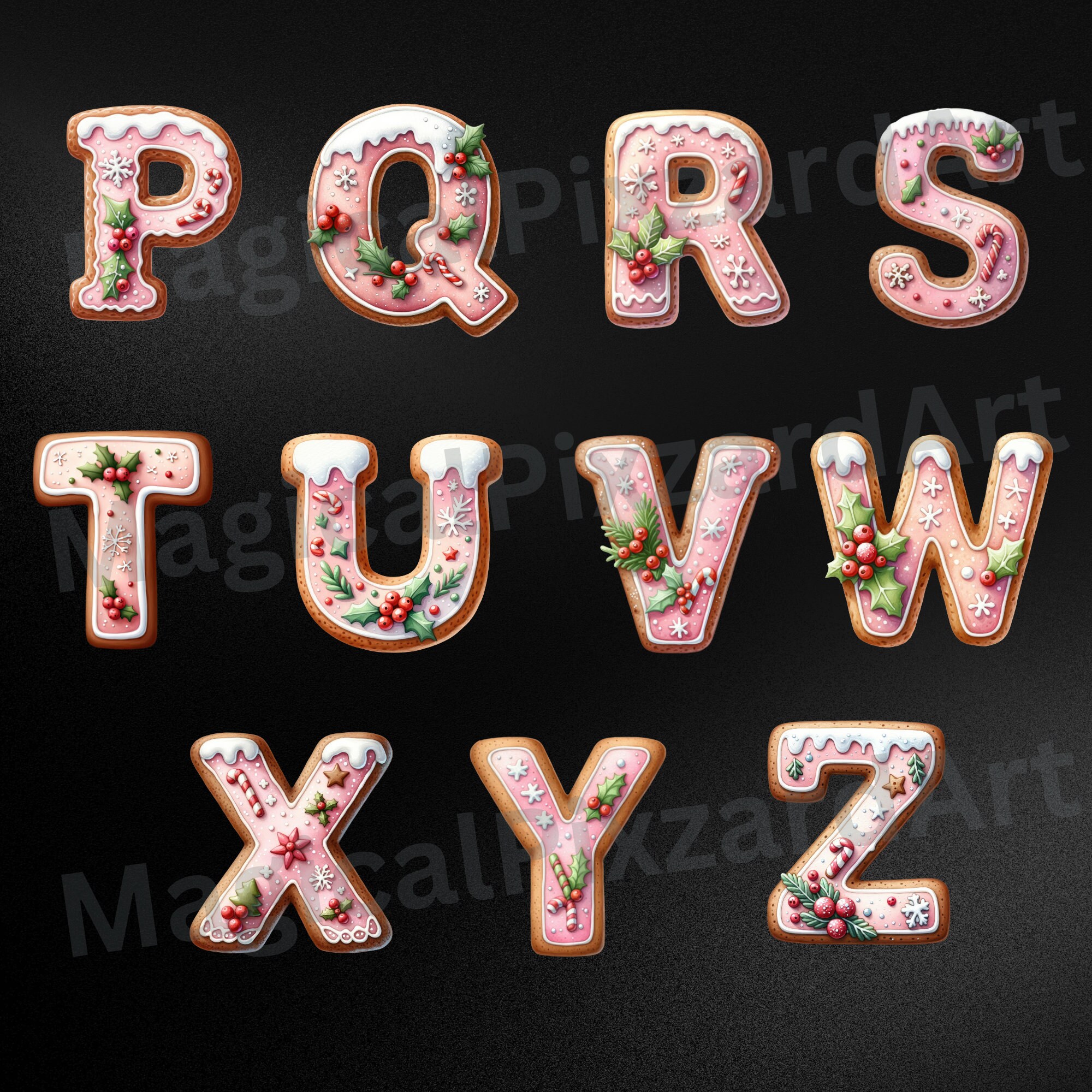 Watercolor Christmas Alphabet Clipart Set : Pastel Pink Gingerbread ...