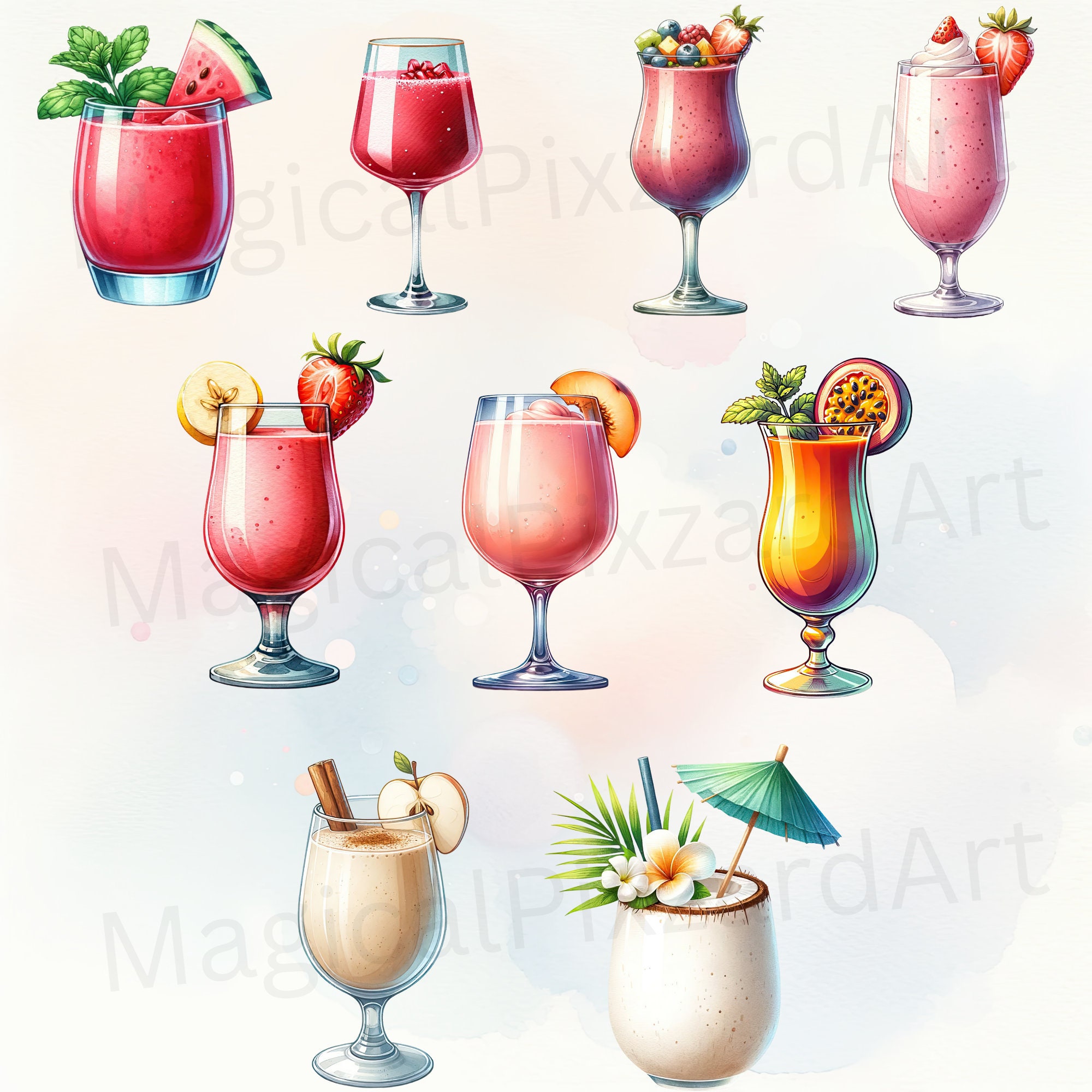 70 Watercolor Drink Clipart Bundle 50 Cocktail Clipart 20 Smoothie ...