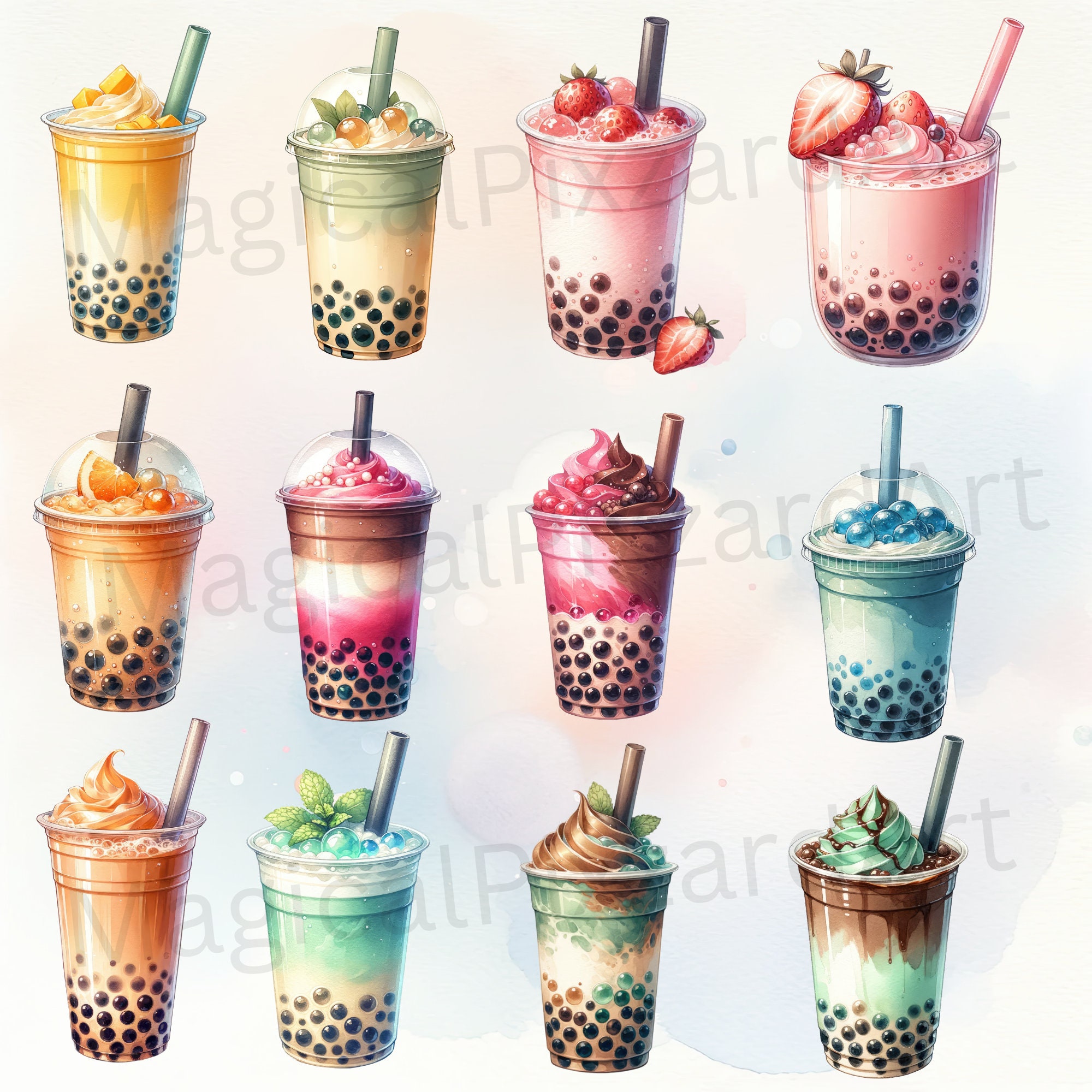 40 Watercolor Bubble Tea Clipart Set, Boba Tea Clipart, Transparent ...