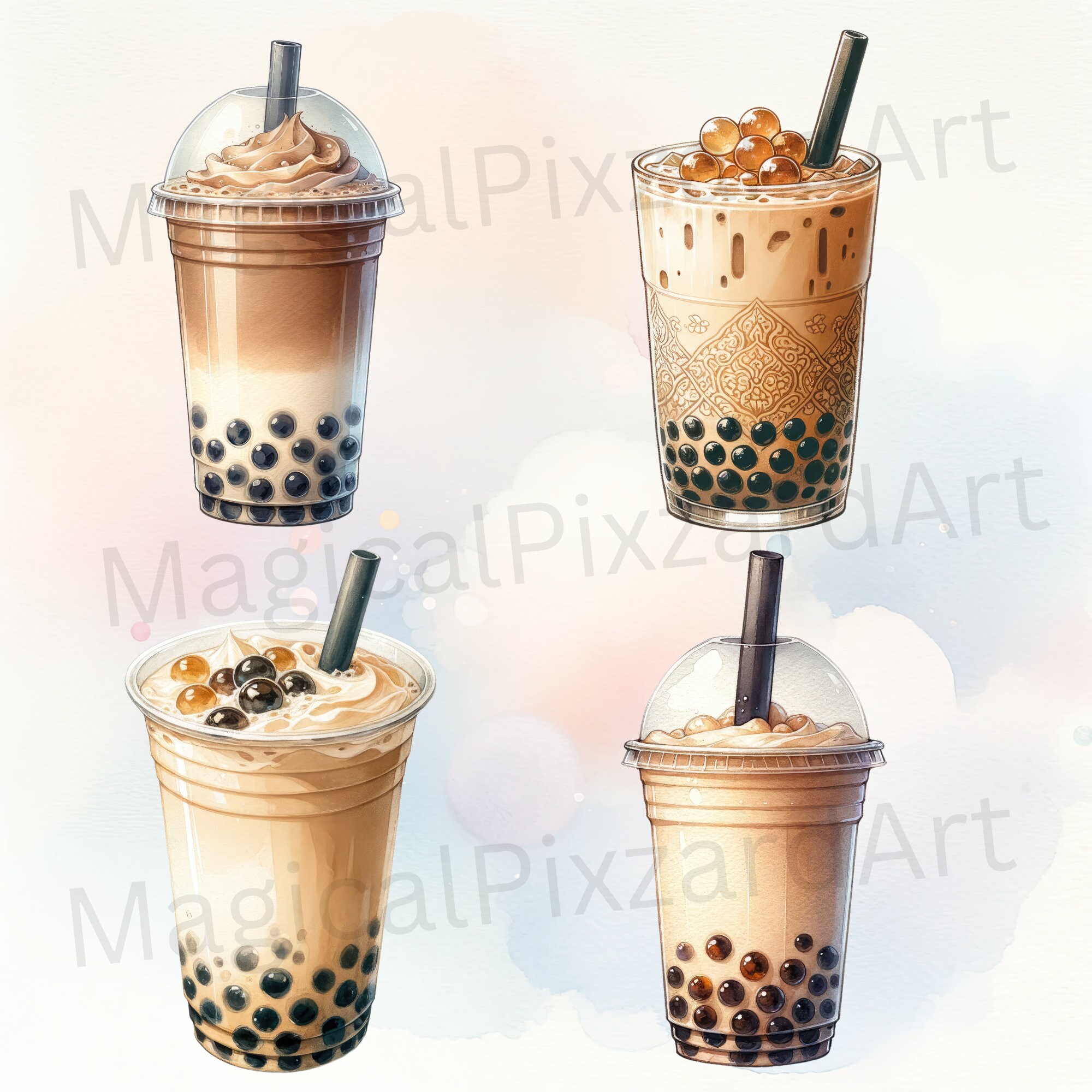 40 Watercolor Bubble Tea Clipart Set, Boba Tea Clipart, Transparent ...