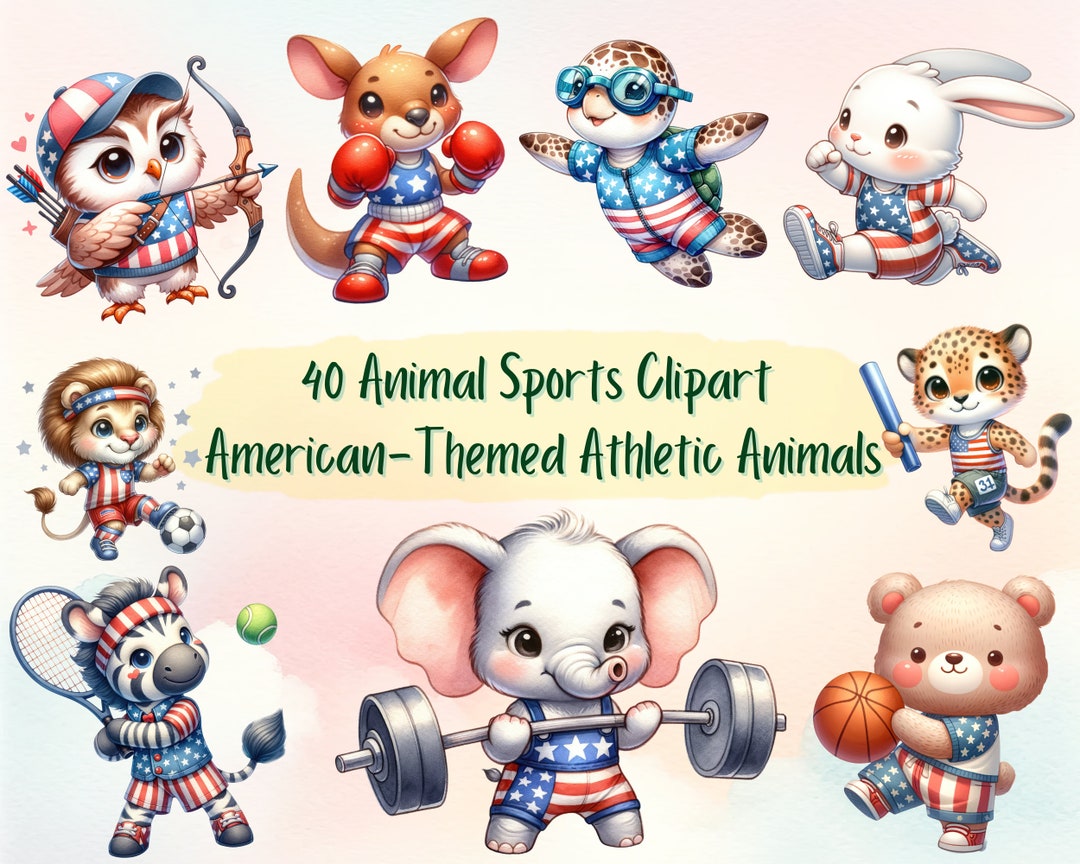 40 Watercolor Animal Sports Clipart, Athletic Animal Dressed in ...