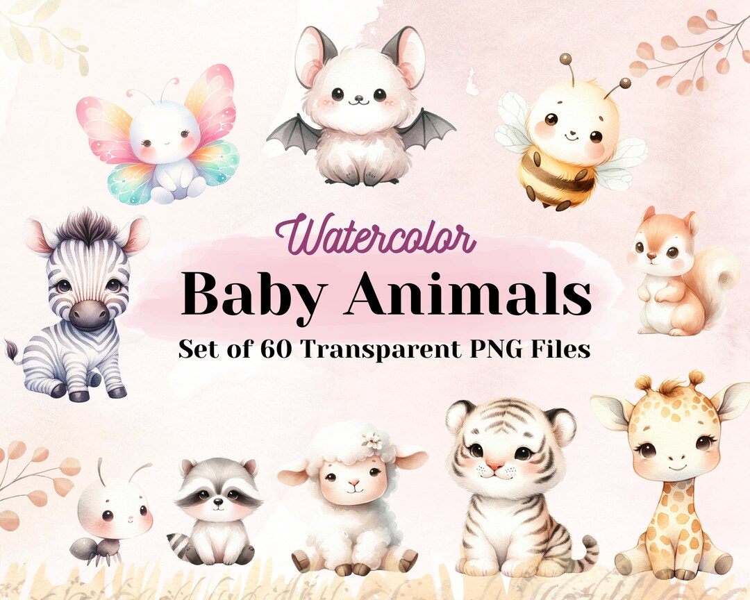 Watercolor Baby Animals Clipart - 60 Cute Pngs, Transparent, Minimalist ...