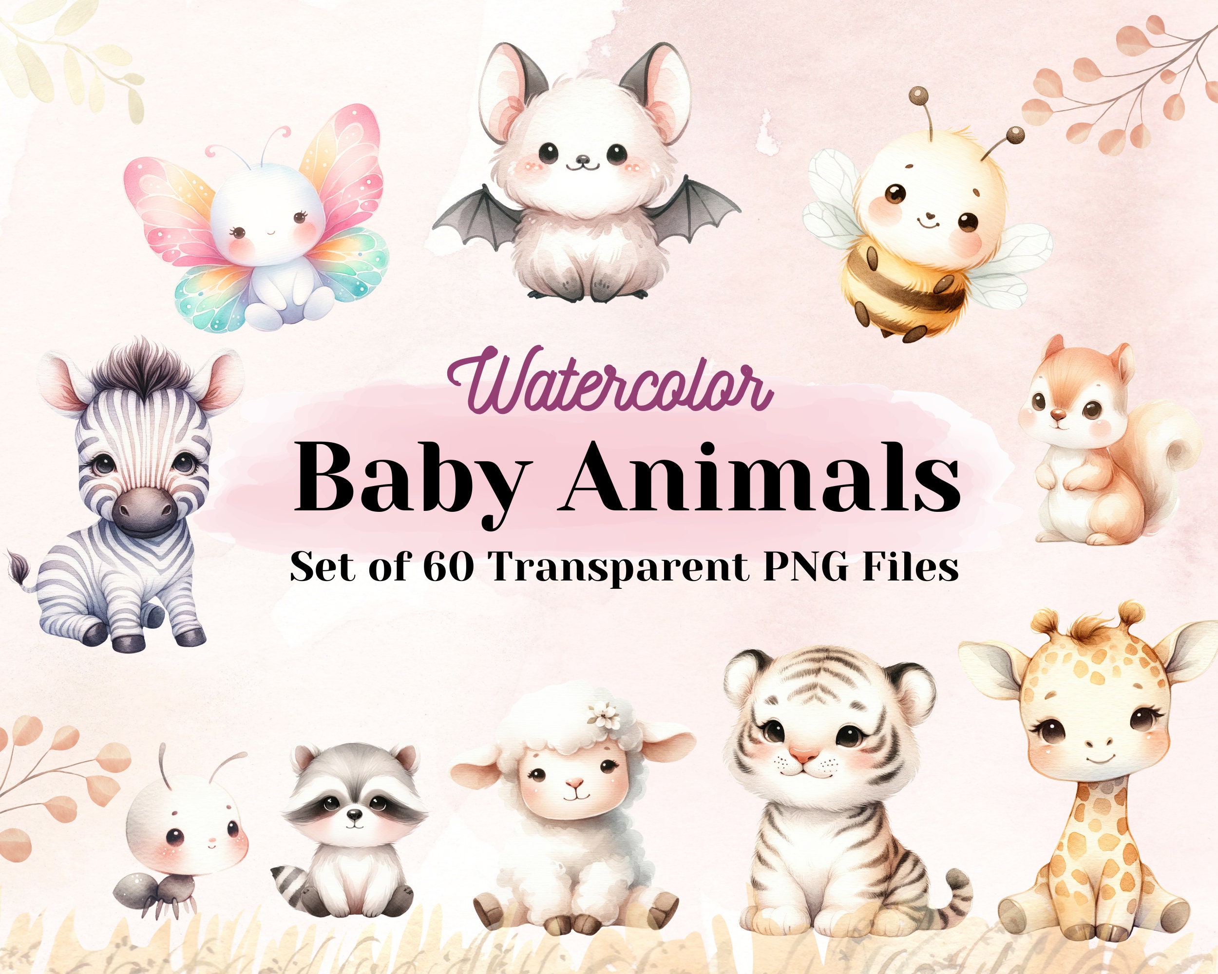 Watercolor Baby Animals Clipart 60 Cute Pngs, Transparent, Minimalist ...
